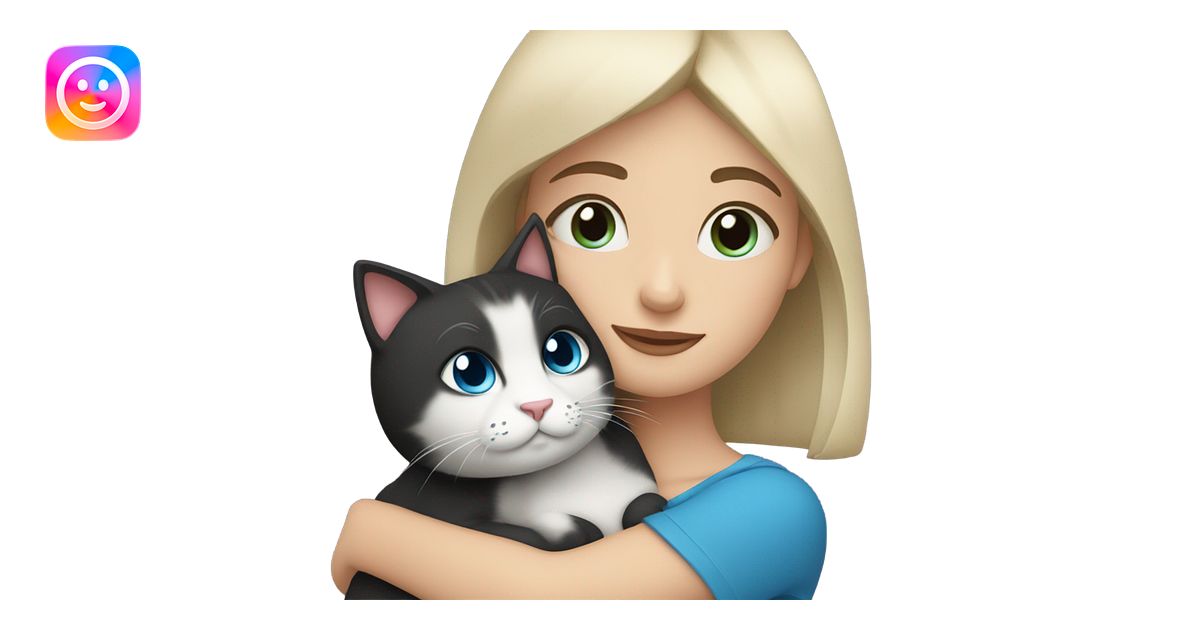 Girl with short black hair and blue eyes cuddling with a cat emoji | AI ...