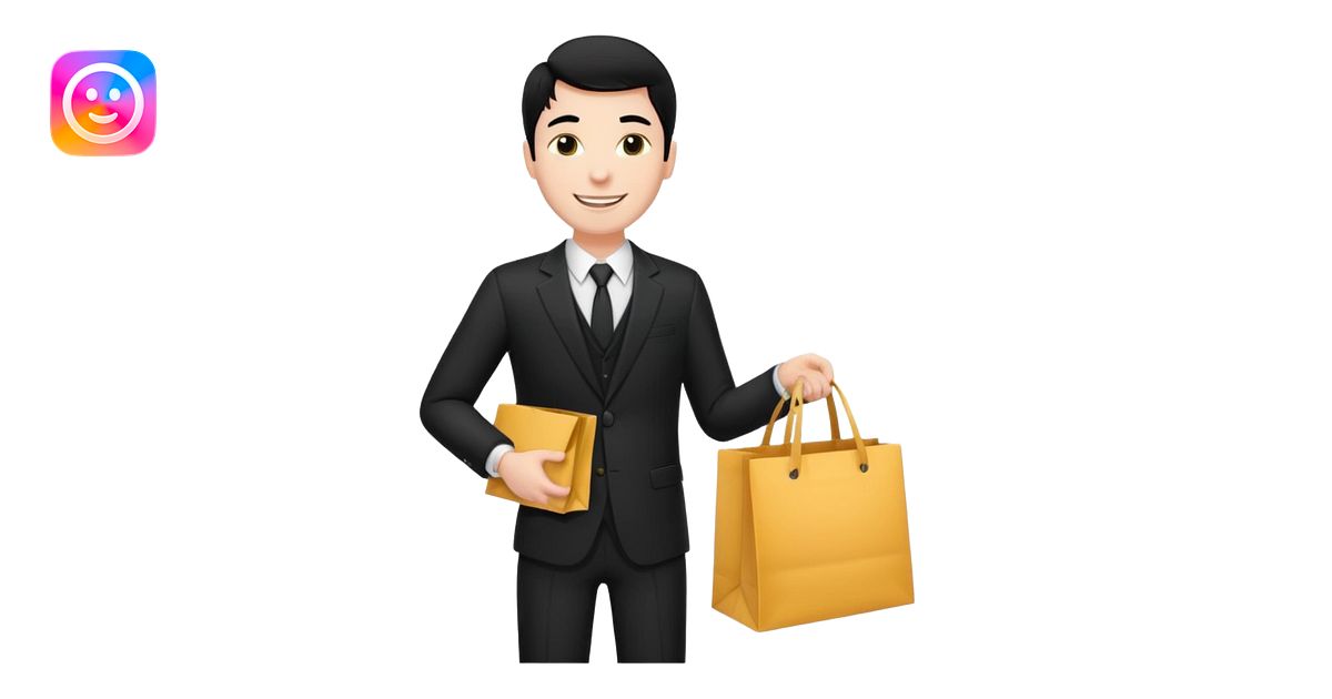 a white man black hair in a black suit with clothing shopping bag emoji ...