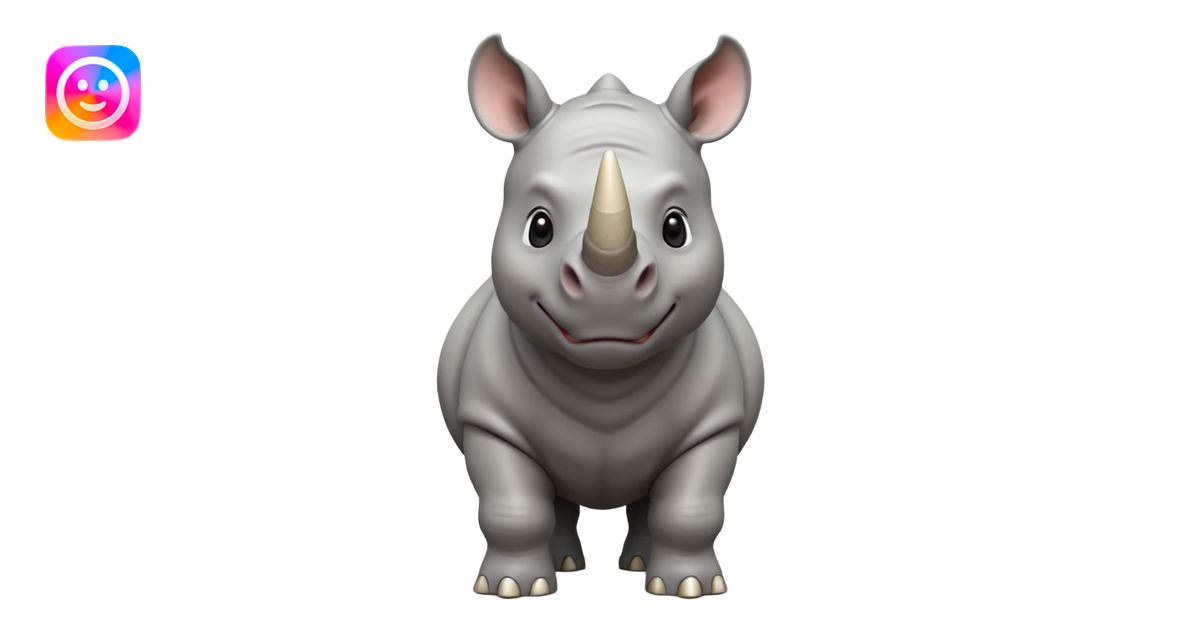 A big 3D cartoon rhino standing on dry ground, thick gray skin, small ...