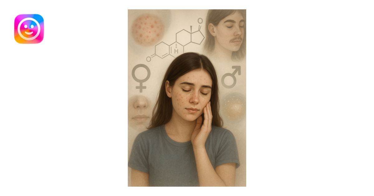 A young woman is surrounded by faint overlays of hormonal symbols and ...