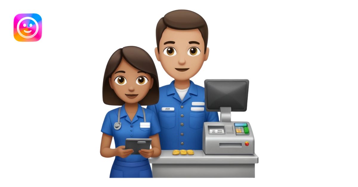 Supermarket employee at a cash register, full body, serving a man emoji ...