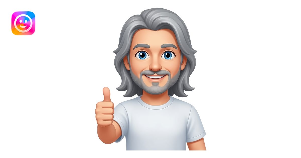 smiling, blue eyes, long gray hair, mustache, goatee, a T-shirt with ...