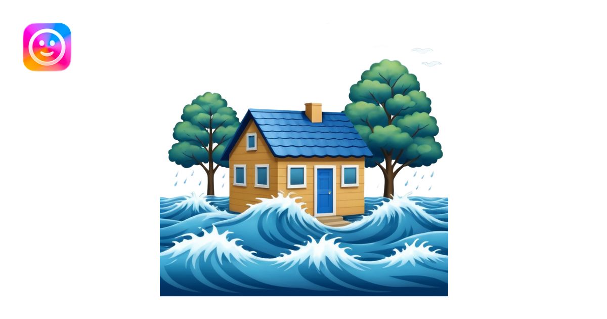 showing a flood disaster scene with powerful blue water waves ...