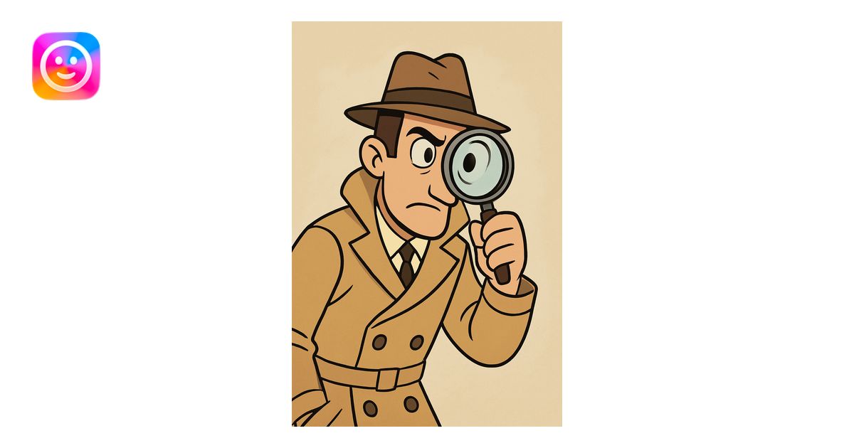 a detective in a trench coat, holding a magnifying glass up to one eye ...