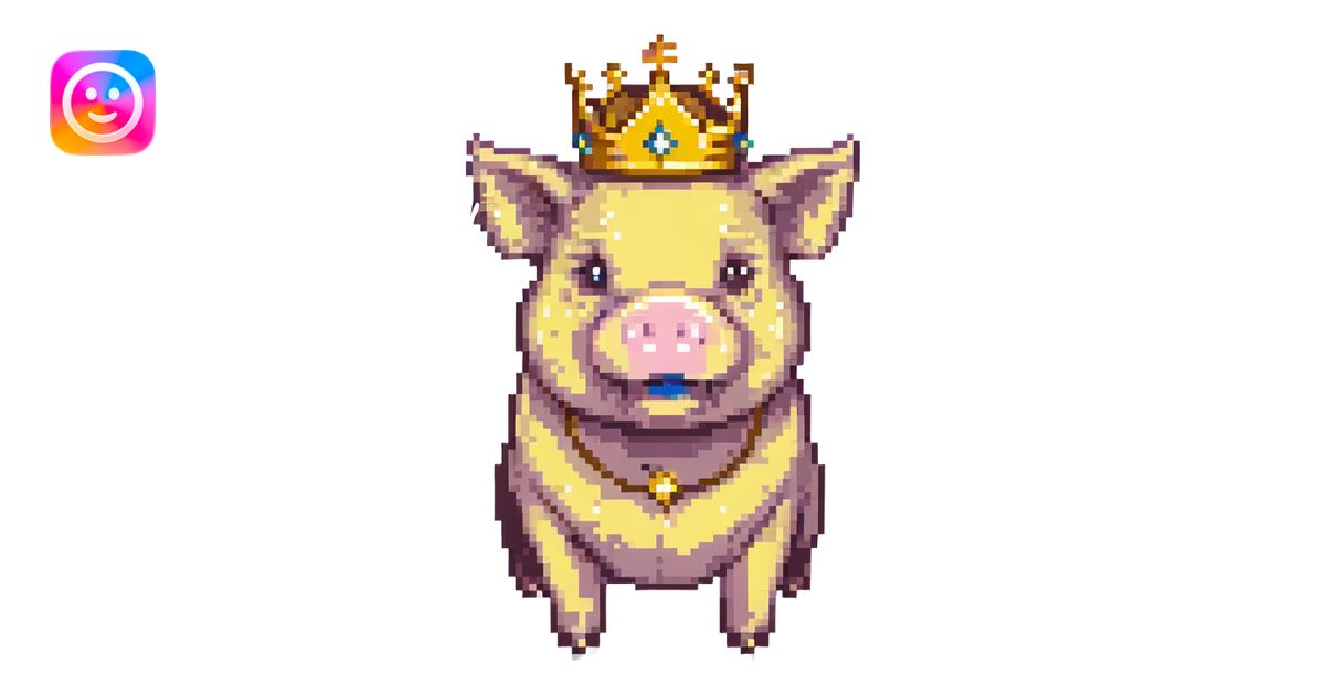 a pig with a golden crown, pixel art style, facing forward illustration ...