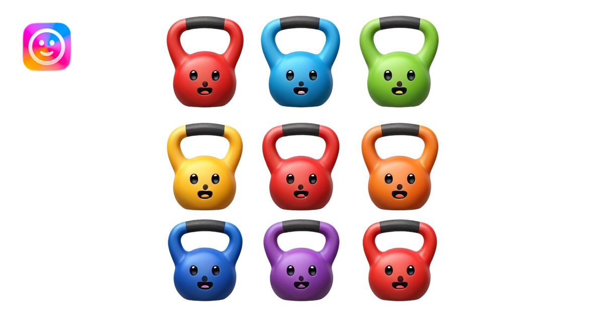 6 colorful cartoon kettlebells with faces, arms, legs, white background ...