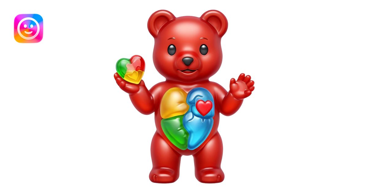 Multicolored gummy bear holding gummy anatomically correct human heart ...