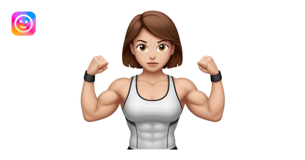 Strong muscle girl brown hair flexing white emoji | AI Emoji Generator