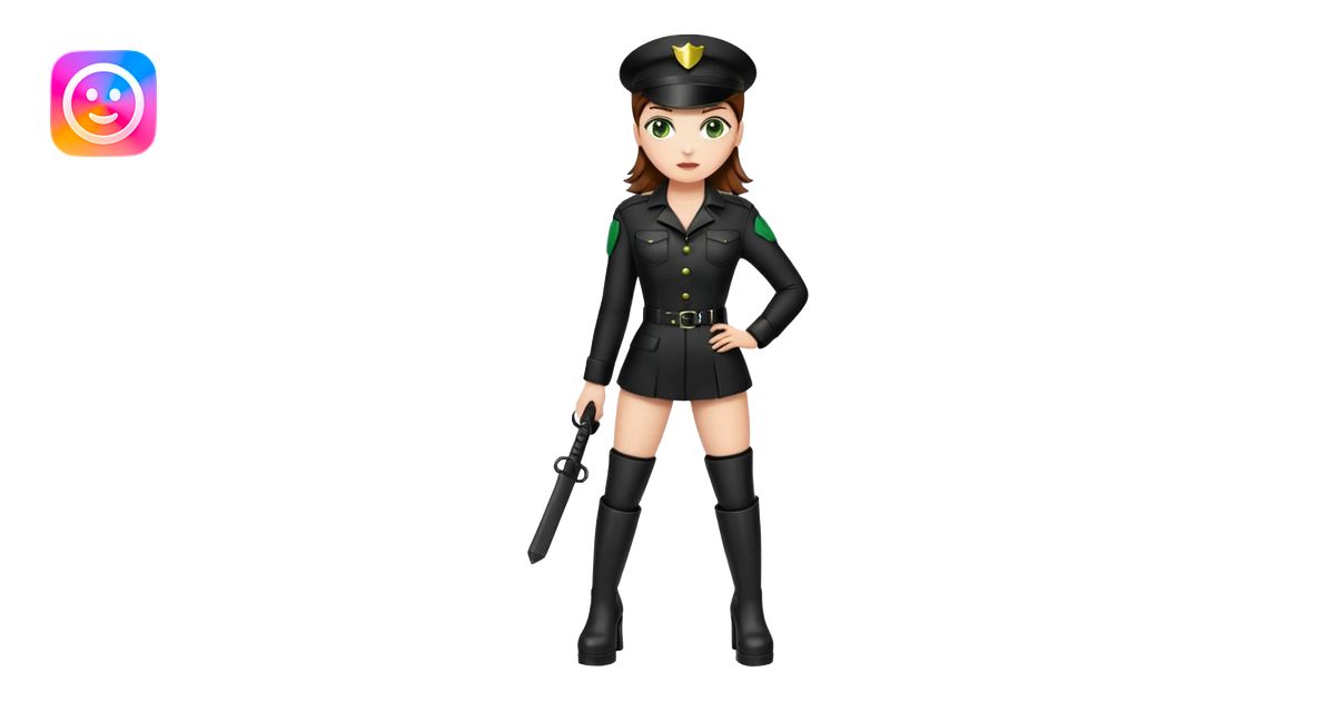 Create Dominatrix in total black uniform ,green eyes,brown hair and ...