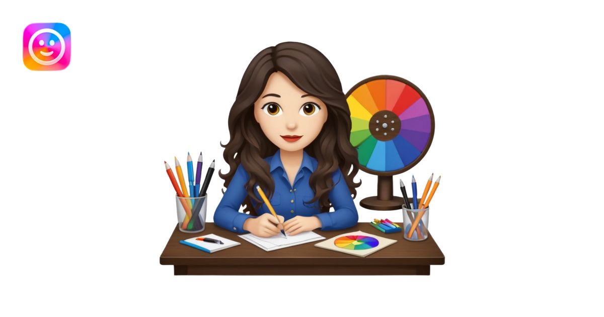 female dark wavy long hair graphic designer , color wheel, pens, papers ...