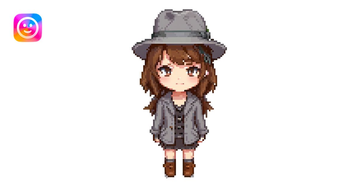 pixel art of a girl with brown hair and a grey fedora, chibi ...