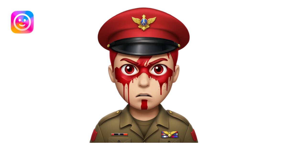 soldier with red skin tone, angry expression, blood splatter on left ...