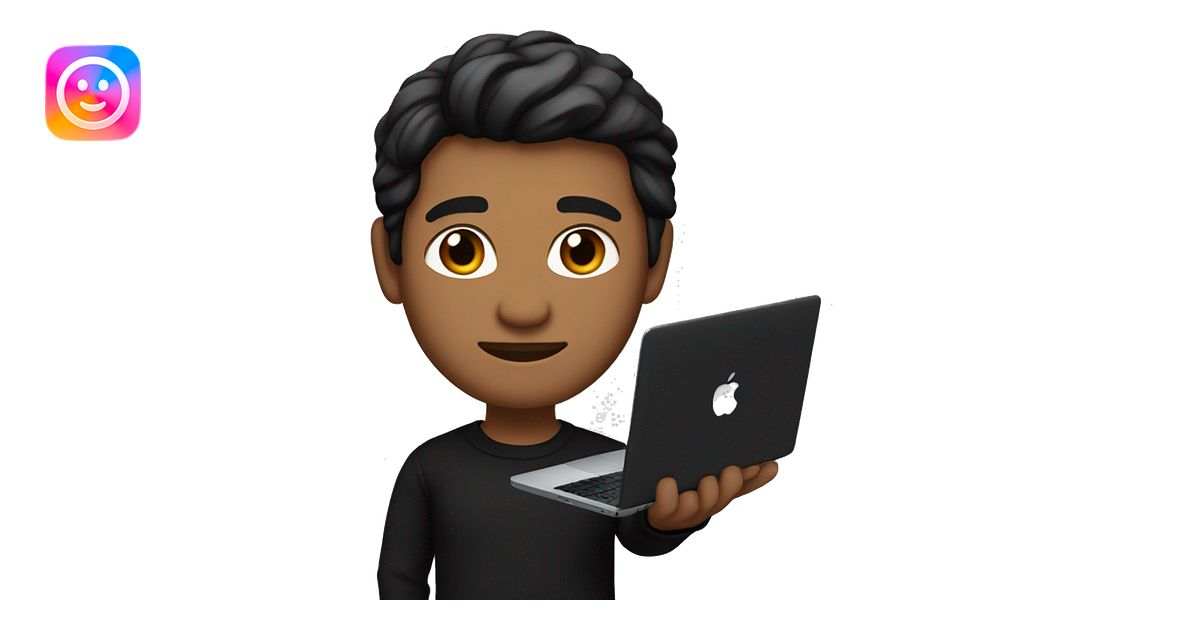 memoji of a man with a laptop in front, apple-style,modern,dark hair ...