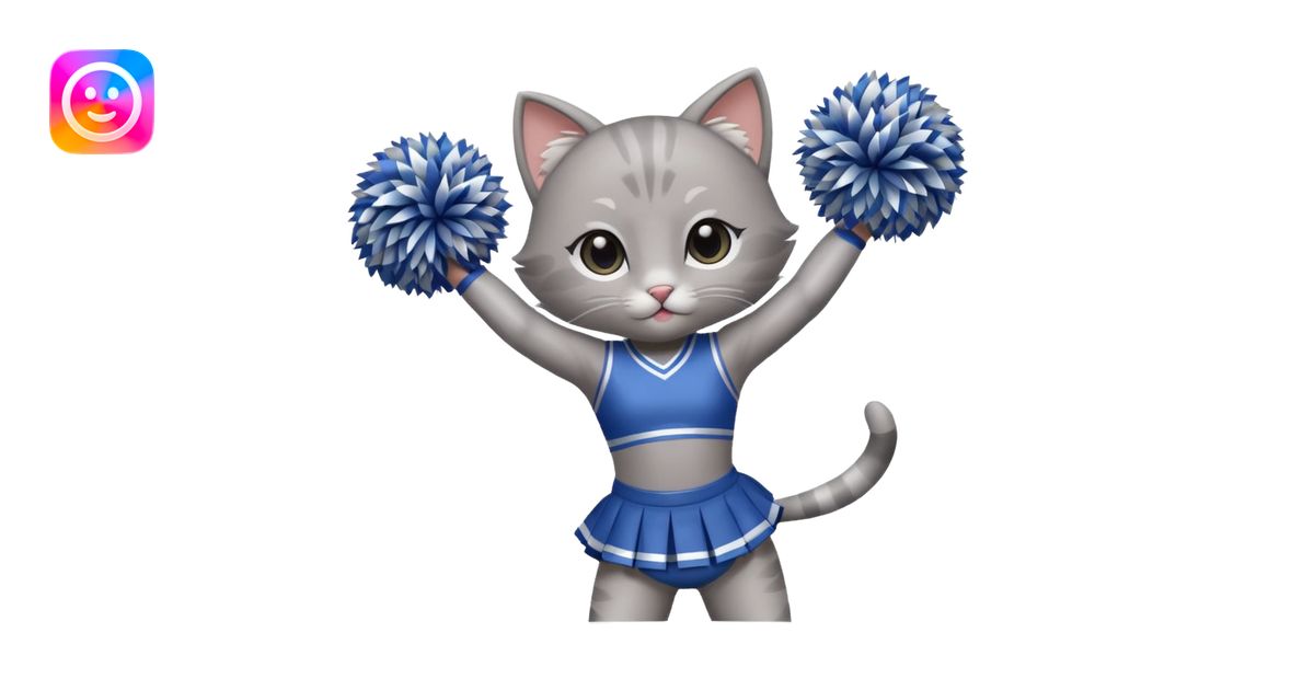A cute chibi sleek grey cat cheerleader twirling pom-poms with ...