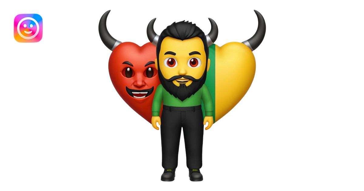 3D yellow heart emoji, devil face, full black beard, black horns and ...