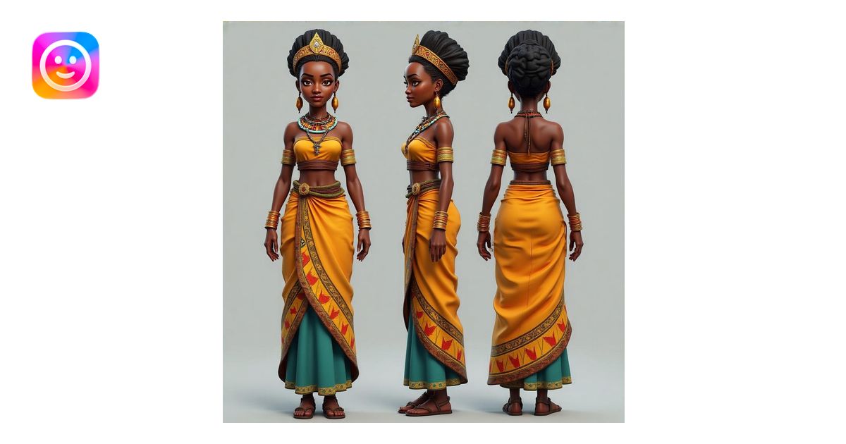 Create me a Stylized 3D Character Art of an beautiful African queen ...
