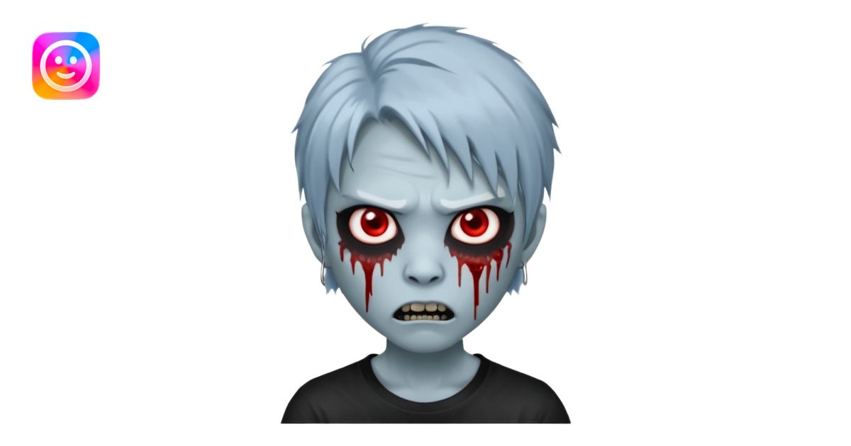 3D emoji-style avatar with very pale blue-grey zombie skin , a young ...