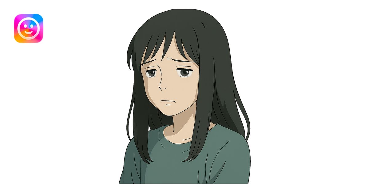 pale girl with long black hair, sad expression, in ghibli style ...