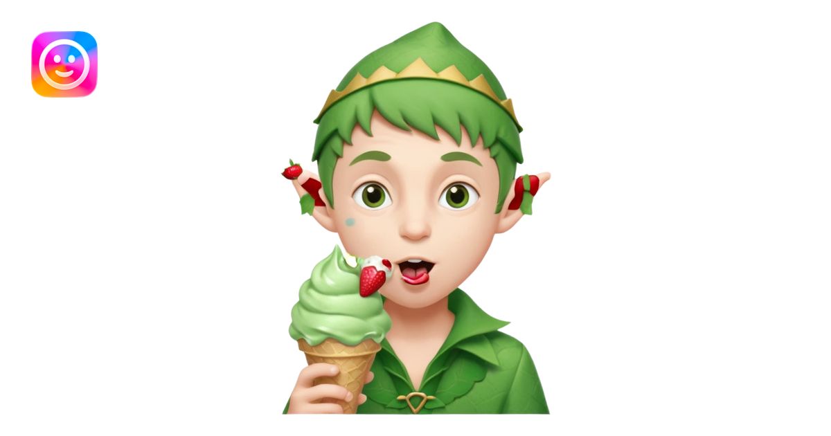 A young elf boy in leafy clothes licking a triple-scoop ice cream with ...