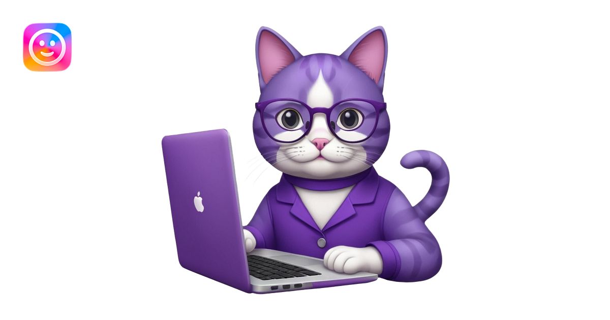smart purple cat in glasses with laptop emoji | AI Emoji Generator