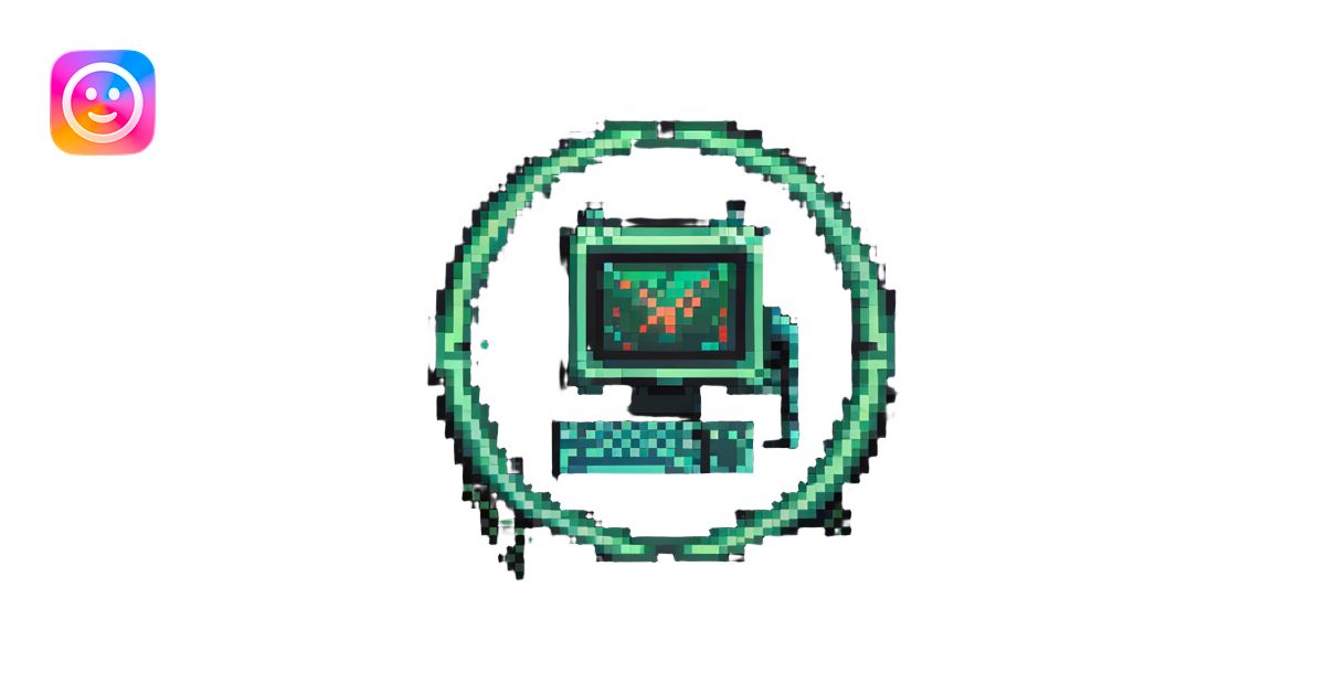 Minimalist technical pixel art IT support badge, bright colors, computer chip design ...