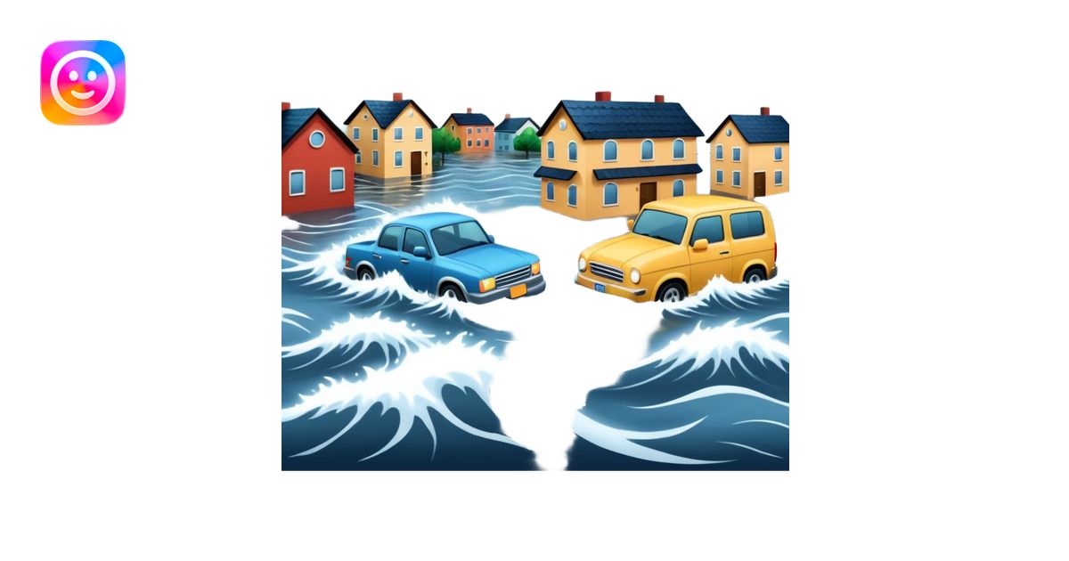 showing a flood disaster scene with strong water waves overflowing ...