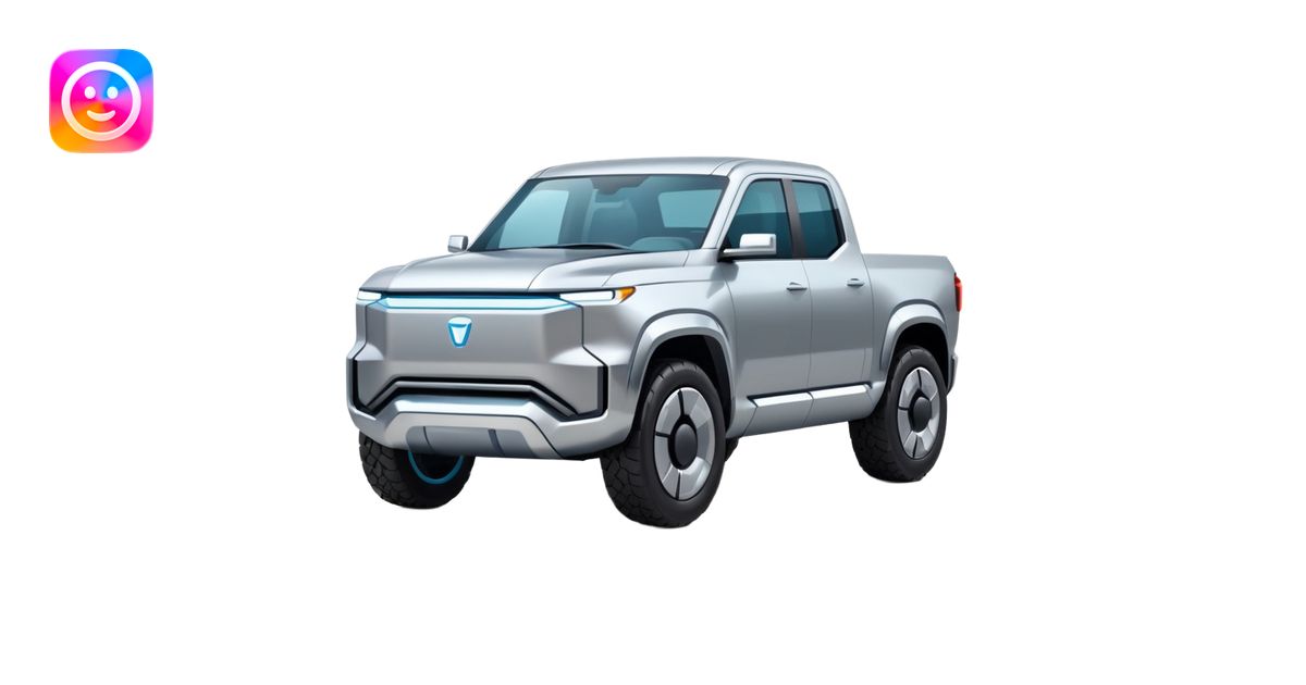 A futuristic electric pickup truck emoji, silver chrome body, angular ...