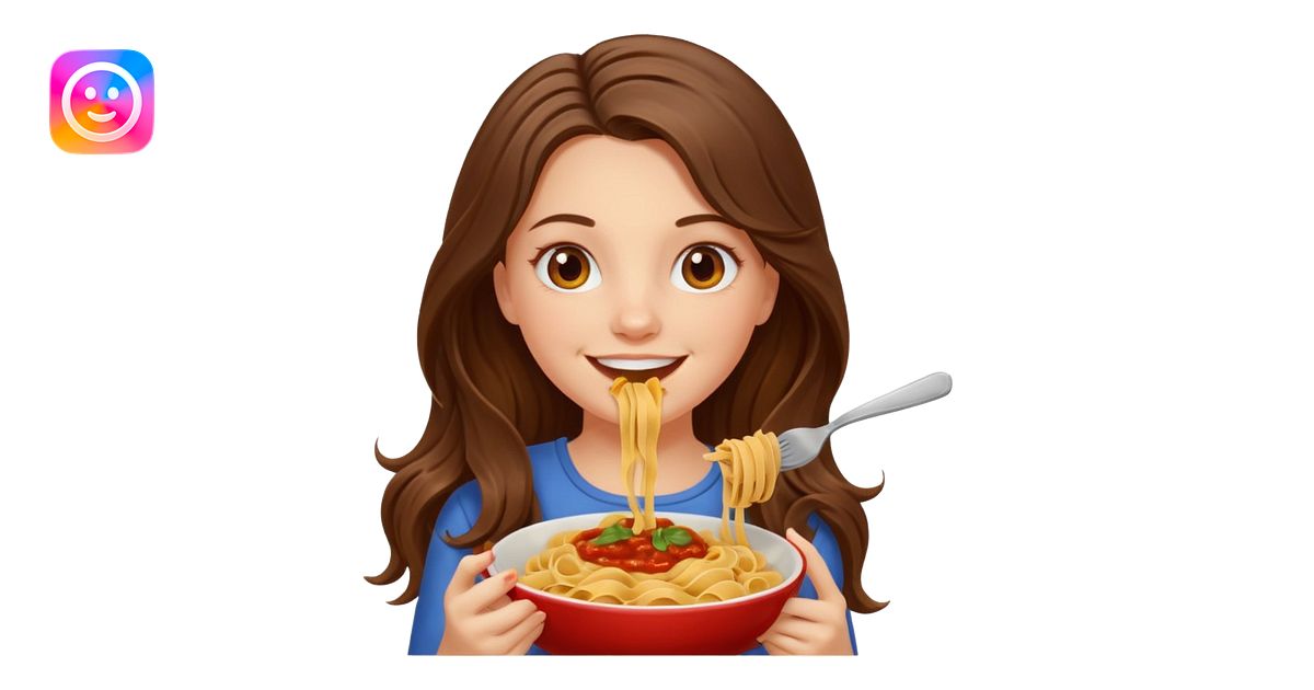 smiling white long brunette hair girl with hazel eyes with pasta emoji ...