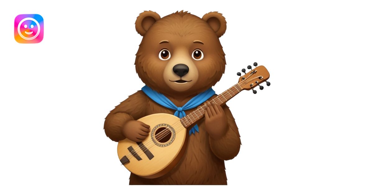 Friendly Russian brown bear holding a balalaika emoji | AI Emoji Generator
