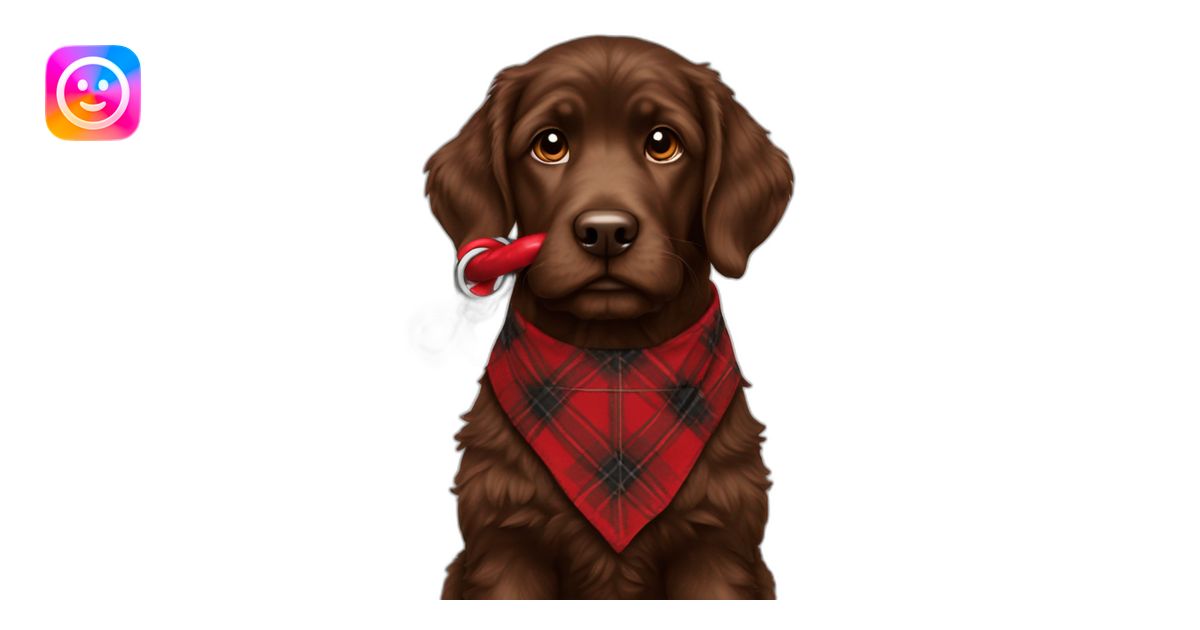 A chocolate colored doodle wearing a red and black flannel handkerchief ...