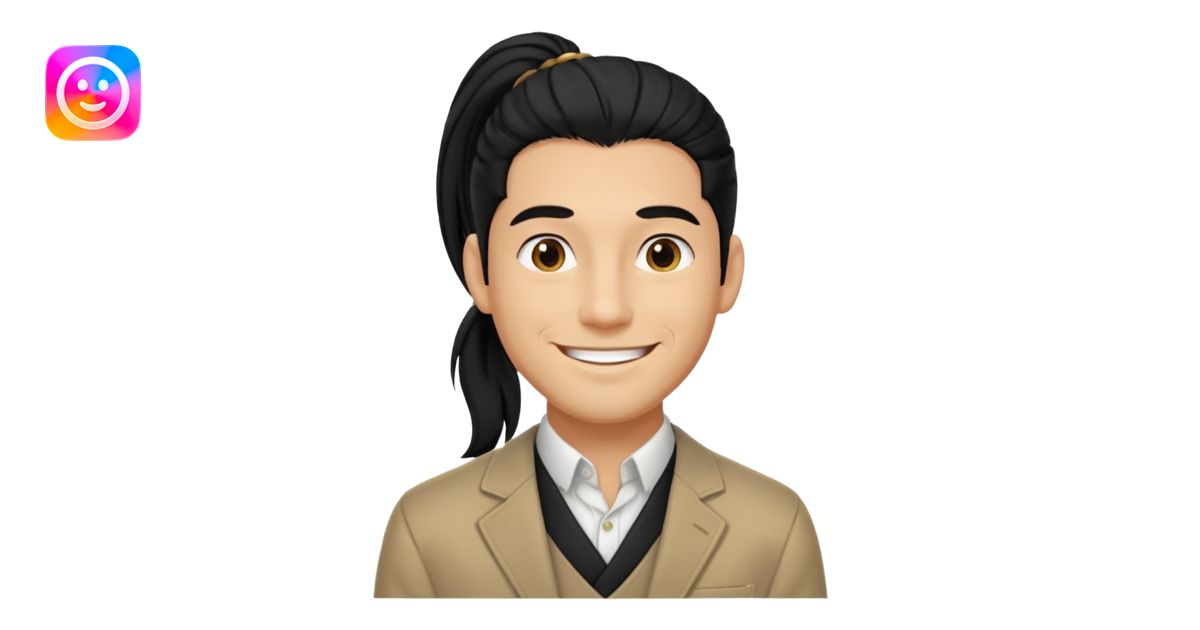 black long pony tail hair man with polite outfit smile warmly emoji ...