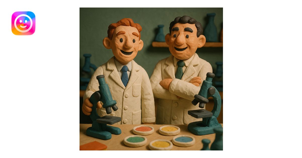 Two happy 1940s male scientists wearing white lab coats over a suite in ...