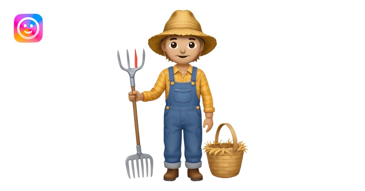 Scarecrow, Dressed like a farmer with overalls, straw hat, and a rake ...