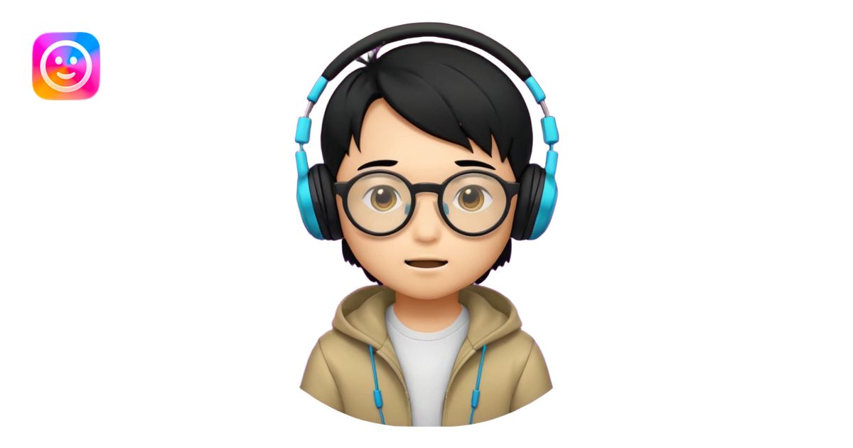 Chibi Japanese boy with black hair and round glasses, big headphones ...