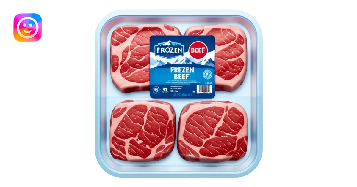 A vacuum-sealed plastic tray of frozen beef steaks, with visible frost ...