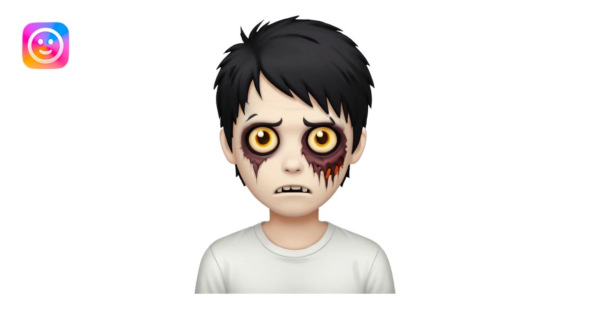 zombie boy with black shaggy hair, emo style, creepy and spooky face, white shirt, emoji style ...