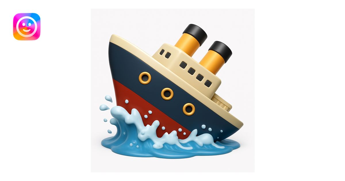 A 3D emoji in iOS emoji aesthetic style of a large ship sinking into ...