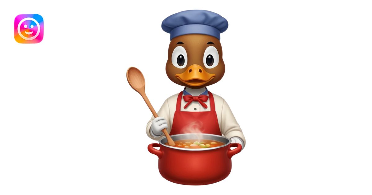 A duck wearing red apron stirring soup in a small pot, looking very ...