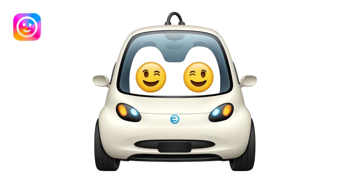 EV car with adorable round eyes, EV charger on the right, playful emoji ...