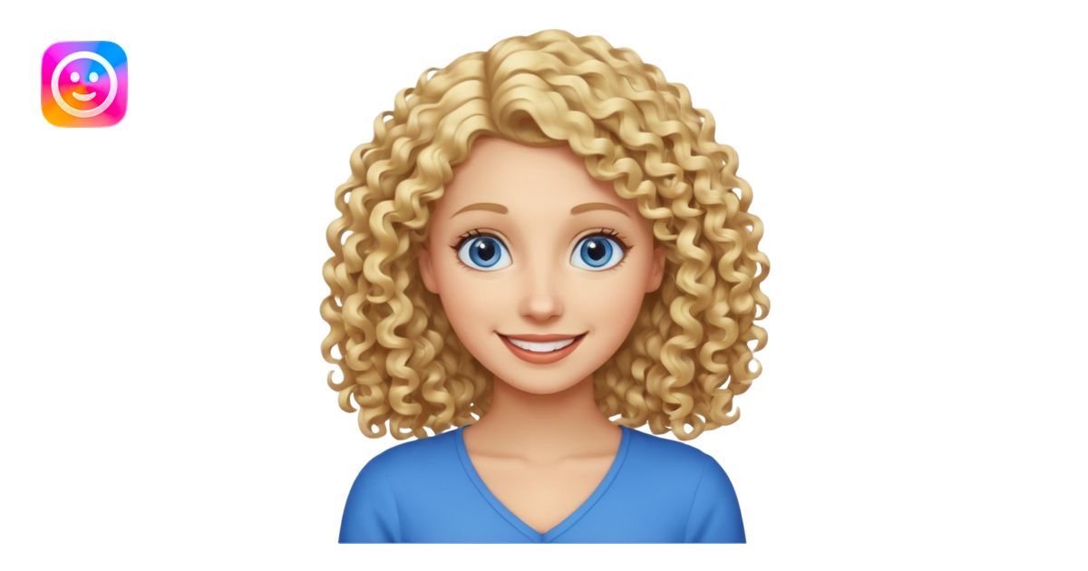 Woman with blonde curly shoulder-length hair, big blue eyes, wide smile ...