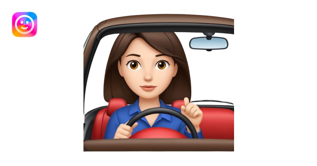 Brunette woman driving car like crazy. NewHappy face confidence emoji ...