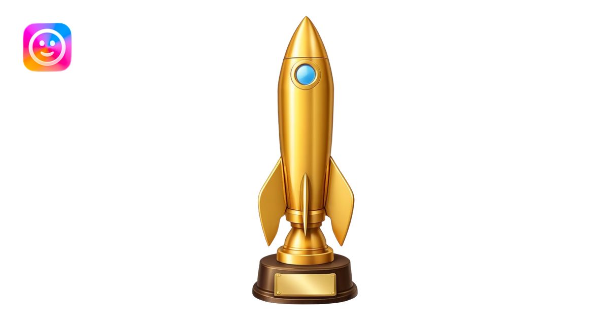 Golden rocket trophy award, shiny gold rocket with a trophy base emoji ...