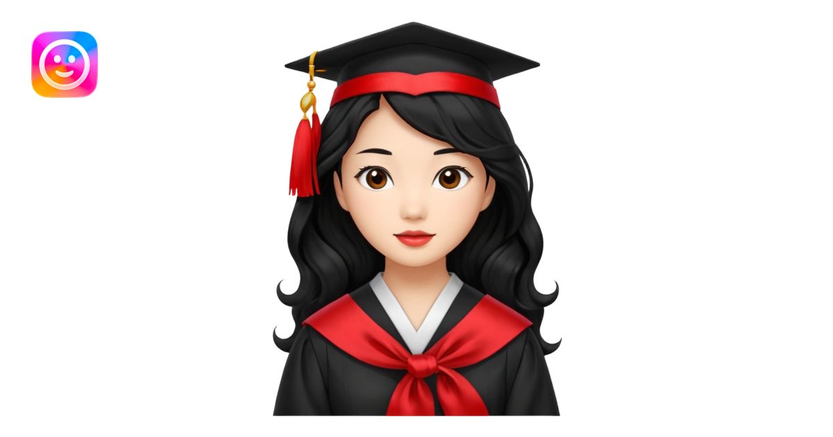 Graduate asian black hair with wavy hair long with red stash emoji | AI ...