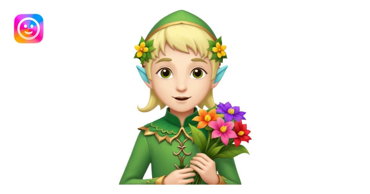 adult elf with flower bouquet emoji | AI Emoji Generator
