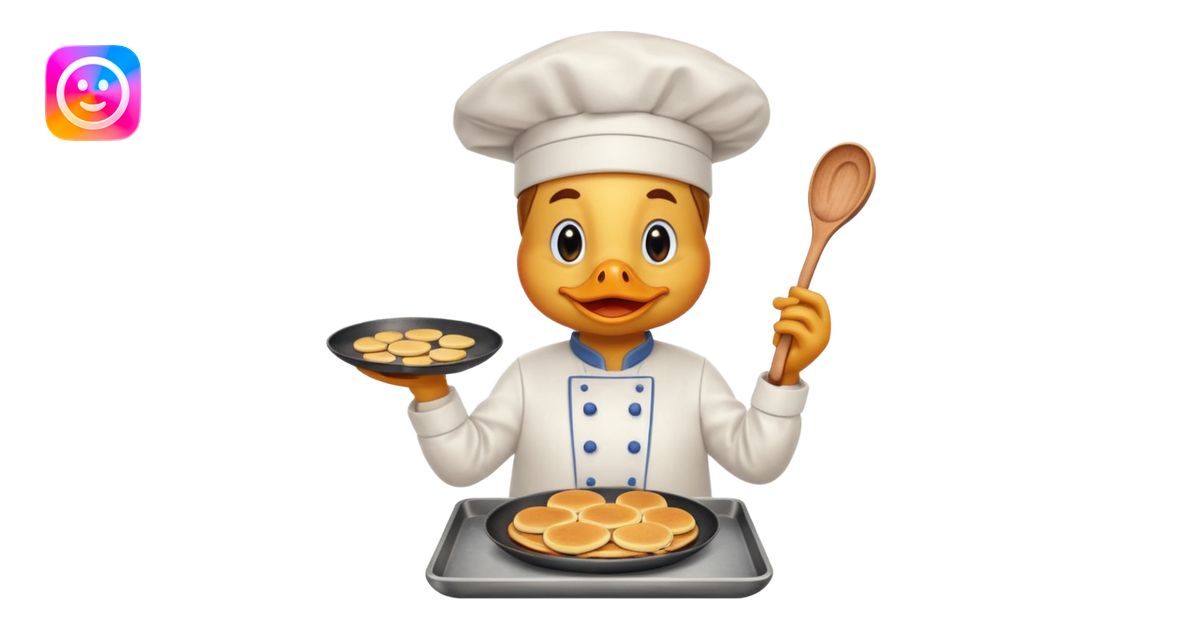 A chef duck wearing a tiny apron, making pancakes on a pan emoji | AI ...