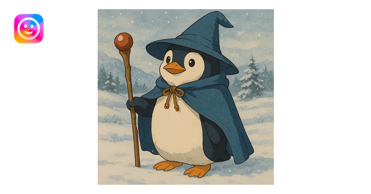 Add a snowy landscape background behind the penguin wizard, keep all ...