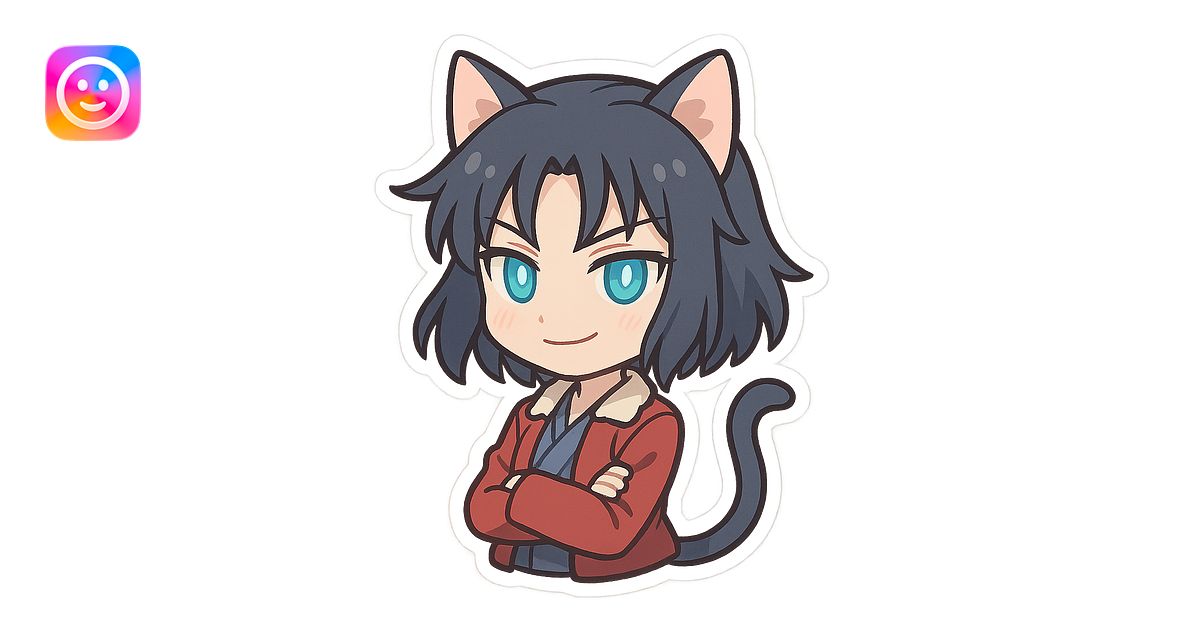 chibi Ryougi Shiki with cat ears and cat tail, magical eyes, smirking ...