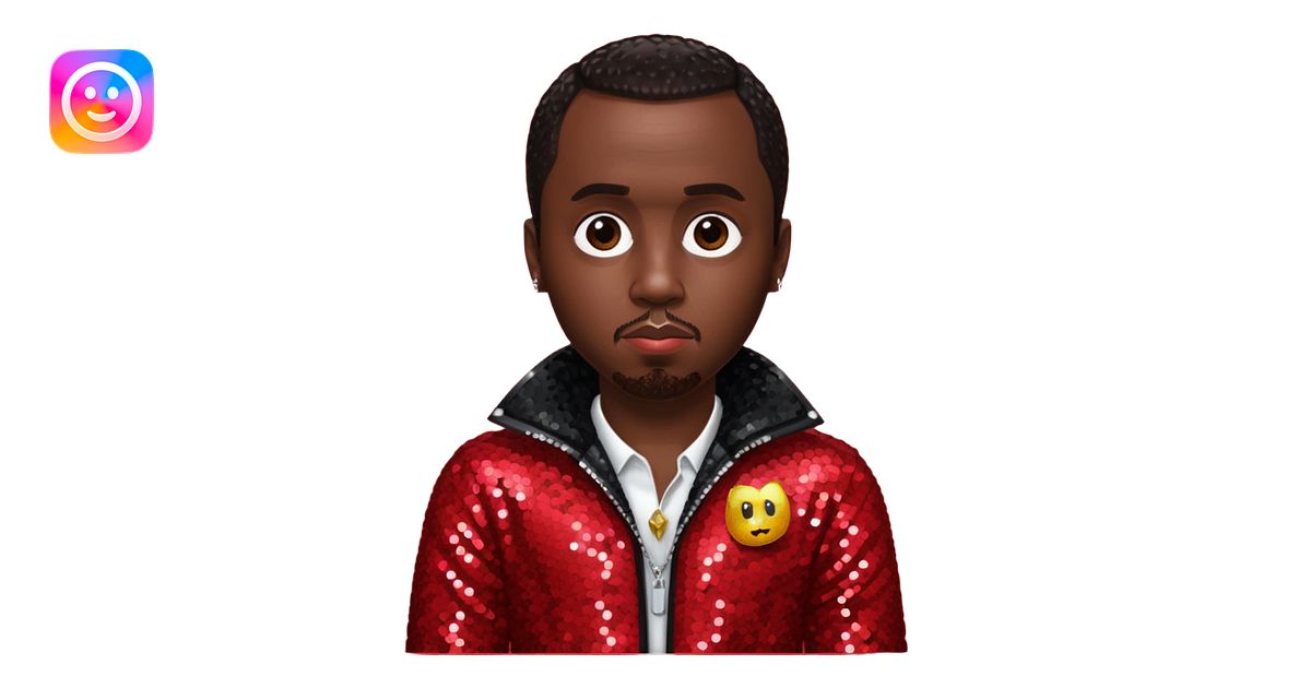 P. Diddy with dark brown hair, red sequin outfit emoji | AI Emoji Generator