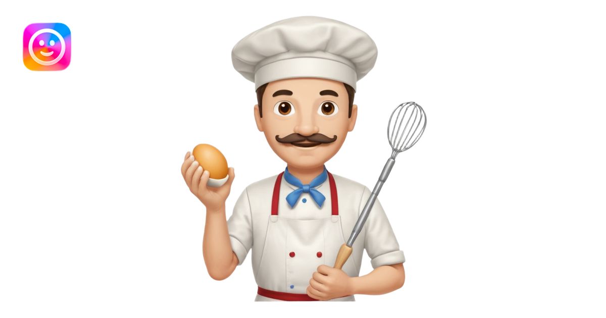 Middle aged male pastry chef - with a mustache, apron, white hat, and ...