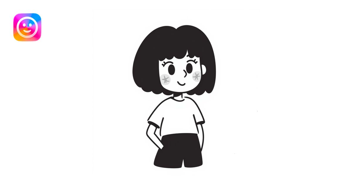 cute girl with blunt bangs, mid-short hair, big eyes, hand-drawn doodle ...